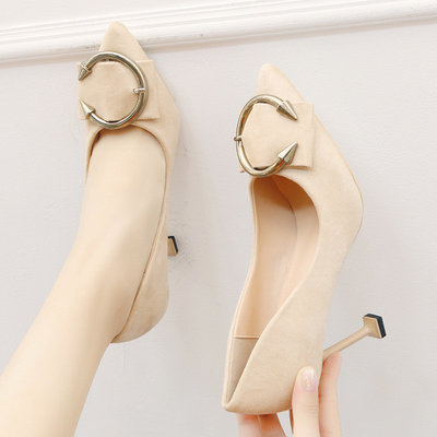 ZM011 New Korean Style Pointed Toe Stiletto Stiletto Square Heel With Metal Buckle Pure Color Suede High Heels 857-9