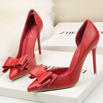 ZM016 3168-2 Fashionable And Elegant Sweet Bow High Heels Stiletto High Heels Shallow Pointy Side Hollow Single Shoes