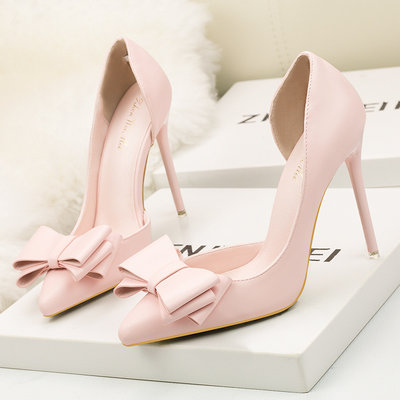 ZM016 3168-2 Fashionable And Elegant Sweet Bow High Heels Stiletto High Heels Shallow Pointy Side Hollow Single Shoes