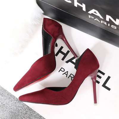 ZM020 8915-3 Korean Style Fashion Simple Stiletto High-Heeled Suede Thin, Shallow Mouth Pointed Side Sexy Hollow Single