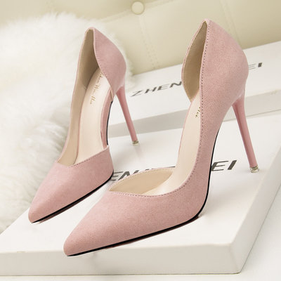 ZM020 8915-3 Korean Style Fashion Simple Stiletto High-Heeled Suede Thin, Shallow Mouth Pointed Side Sexy Hollow Single