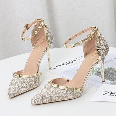 ZM025 9928-16 Korean Style Rivet Women'S Sandals Pointed Toe Stiletto Single Shoes Nightclub Style High Heel Women'S Sho