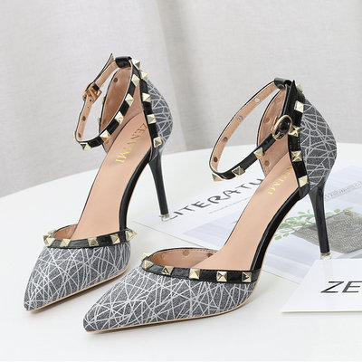 ZM025 9928-16 Korean Style Rivet Women'S Sandals Pointed Toe Stiletto Single Shoes Nightclub Style High Heel Women'S Sho