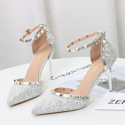 ZM025 9928-16 Korean Style Rivet Women'S Sandals Pointed Toe Stiletto Single Shoes Nightclub Style High Heel Women'S Sho