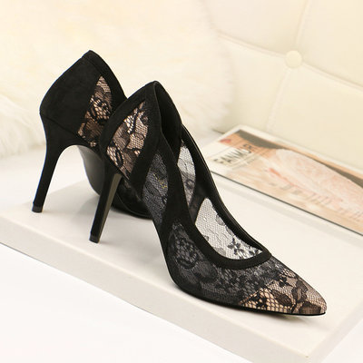 ZM026 96289-28 Net Celebrity With Pointed Stiletto Sexy Lace High Heels Shallow Tone Large Size Women'S Shoes