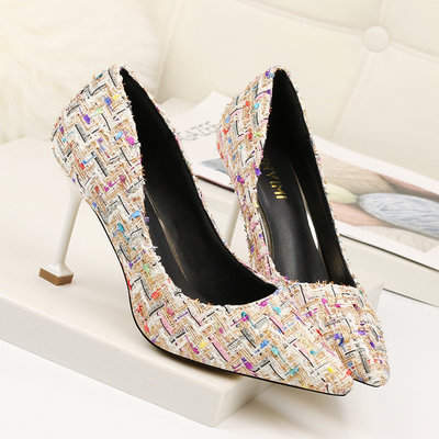 ZM027 857-1 Pointed Stiletto Pump High Heels Banquet Shoes Temperament Square Heel Small Fragrance Women'S Shoes Single