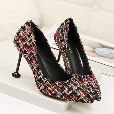 ZM027 857-1 Pointed Stiletto Pump High Heels Banquet Shoes Temperament Square Heel Small Fragrance Women'S Shoes Single