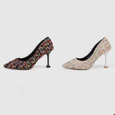 ZM027 857-1 Pointed Stiletto Pump High Heels Banquet Shoes Temperament Square Heel Small Fragrance Women'S Shoes Single