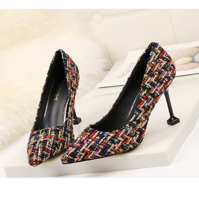 ZM027 857-1 Pointed Stiletto Pump High Heels Banquet Shoes Temperament Square Heel Small Fragrance Women'S Shoes Single