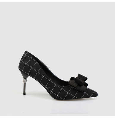 ZM035 9871-2 Plaid New Pointed Bowknot Diamond Ladies High-Heeled Shoes