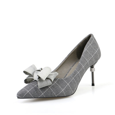 ZM035 9871-2 Plaid New Pointed Bowknot Diamond Ladies High-Heeled Shoes