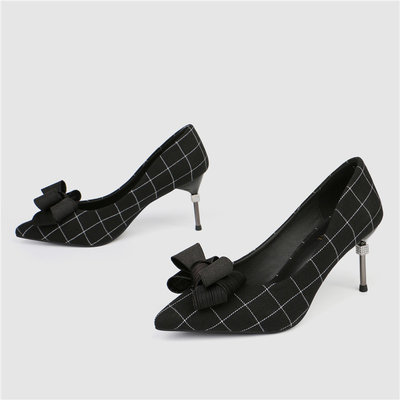 ZM035 9871-2 Plaid New Pointed Bowknot Diamond Ladies High-Heeled Shoes