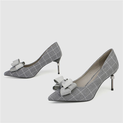 ZM035 9871-2 Plaid New Pointed Bowknot Diamond Ladies High-Heeled Shoes