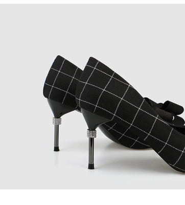 ZM035 9871-2 Plaid New Pointed Bowknot Diamond Ladies High-Heeled Shoes