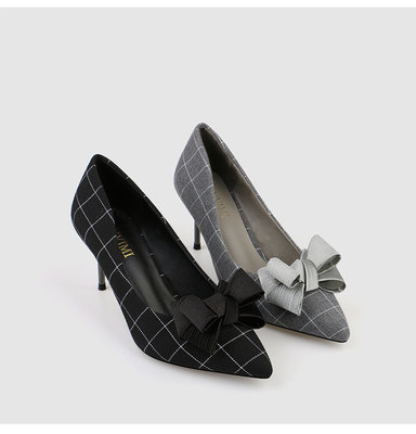 ZM035 9871-2 Plaid New Pointed Bowknot Diamond Ladies High-Heeled Shoes