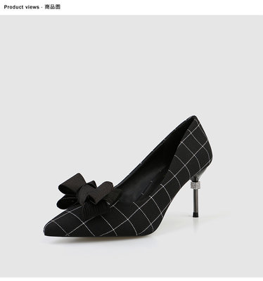 ZM035 9871-2 Plaid New Pointed Bowknot Diamond Ladies High-Heeled Shoes