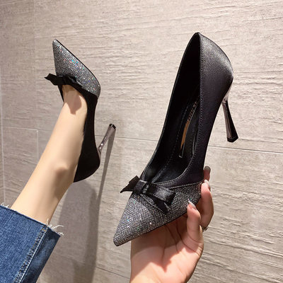 087770-8 European And American Sexy Pointed Toe Thin High Heels Stiletto Bow All-Match Women'S Single Shoes Net Red Colo