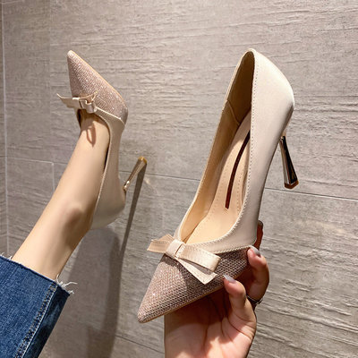 087770-8 European And American Sexy Pointed Toe Thin High Heels Stiletto Bow All-Match Women'S Single Shoes Net Red Colo