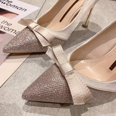 087770-8 European And American Sexy Pointed Toe Thin High Heels Stiletto Bow All-Match Women'S Single Shoes Net Red Colo