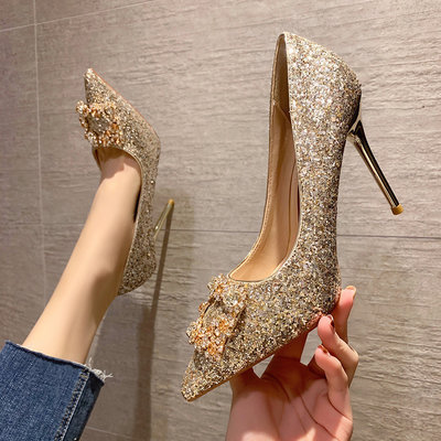 068880-11 Korean fashion sexy rhinestone high heels sequins are thin all-match women's single shoes stiletto net red wed