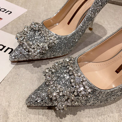 068880-11 Korean fashion sexy rhinestone high heels sequins are thin all-match women's single shoes stiletto net red wed
