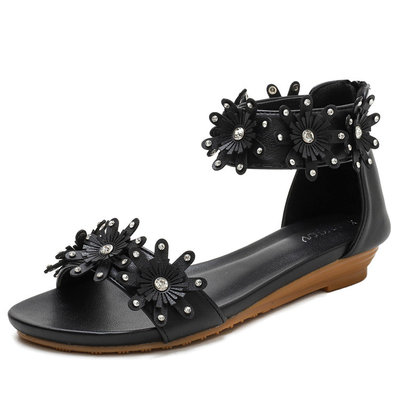 BS035 Slope Heel Bohemian Sandals Women's 2020 Summer New Floral Roman Word Belt Flat Heel All-match Casual Shoes