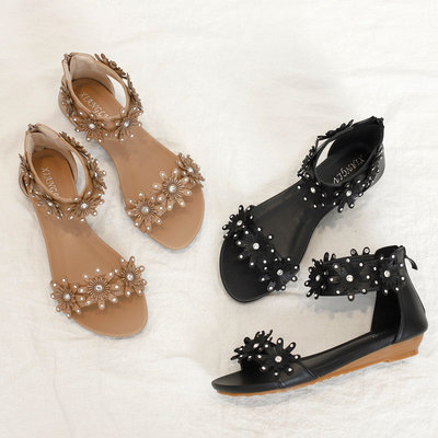 BS035 Slope Heel Bohemian Sandals Women's 2020 Summer New Floral Roman Word Belt Flat Heel All-match Casual Shoes