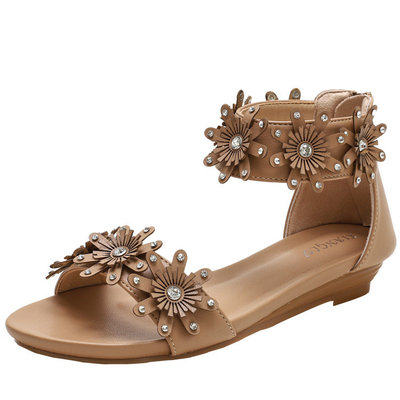BS035 Slope Heel Bohemian Sandals Women's 2020 Summer New Floral Roman Word Belt Flat Heel All-match Casual Shoes