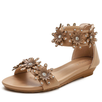 BS035 Slope Heel Bohemian Sandals Women's 2020 Summer New Floral Roman Word Belt Flat Heel All-match Casual Shoes