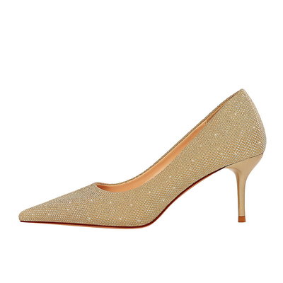8999-6 European And American Style Fashion Banquet Stiletto High Heels Shallow Mouth Pointed Toe Sparkling Sequined Clot