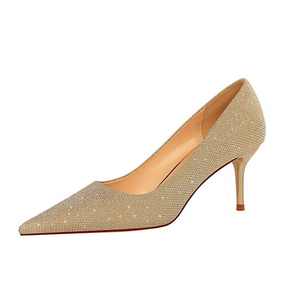 8999-6 European And American Style Fashion Banquet Stiletto High Heels Shallow Mouth Pointed Toe Sparkling Sequined Clot