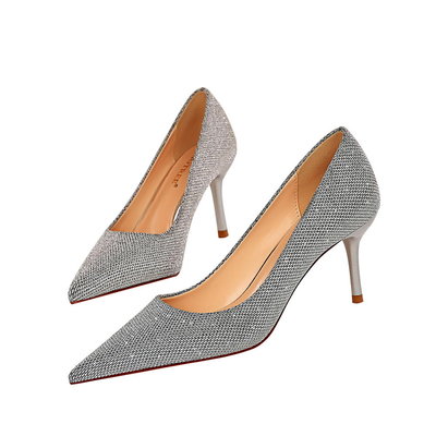 8999-6 European And American Style Fashion Banquet Stiletto High Heels Shallow Mouth Pointed Toe Sparkling Sequined Clot