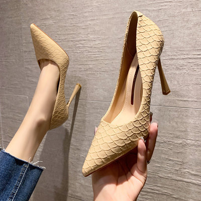 069990-1 European And American Sexy Pointed-Toe Shallow Mouth High Heels Plaid Stiletto Net Red Women'S Single Shoes Pro