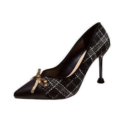 098880-25 Korean fashion pointed shallow mouth high heels bow is thin sexy single shoes stiletto net red women's shoes