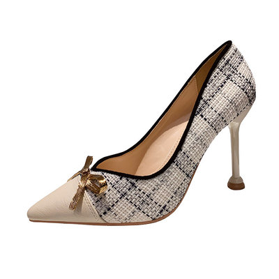 098880-25 Korean fashion pointed shallow mouth high heels bow is thin sexy single shoes stiletto net red women's shoes