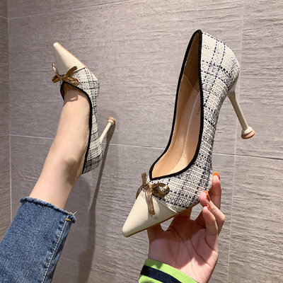 098880-25 Korean fashion pointed shallow mouth high heels bow is thin sexy single shoes stiletto net red women's shoes