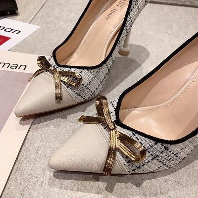 098880-25 Korean fashion pointed shallow mouth high heels bow is thin sexy single shoes stiletto net red women's shoes