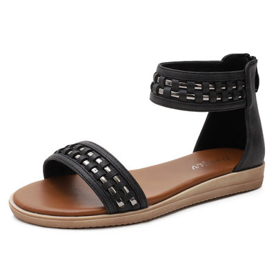 BS047 Bohemian Flat Sandals Amoi European And American Style Rear Zipper Open Toe Roman Shoes Large Size Sandals Women
