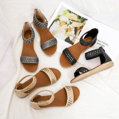 BS047 Bohemian Flat Sandals Amoi European And American Style Rear Zipper Open Toe Roman Shoes Large Size Sandals Women