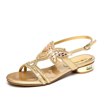 BS046 New Style Rhinestone Sandals, Women'S Summer Fashion, Low-Heel Crystal Sandals, Women'S Golden Flat Sandals And Sl