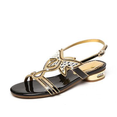 BS046 New Style Rhinestone Sandals, Women'S Summer Fashion, Low-Heel Crystal Sandals, Women'S Golden Flat Sandals And Sl