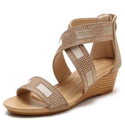 BS050 Summer Slope Heel Sandals New Rhinestone Fairy Style Fashion Comfortable Thick-Soled Waterproof Platform Roman Wom