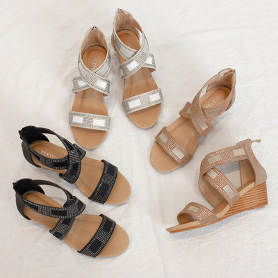 BS050 Summer Slope Heel Sandals New Rhinestone Fairy Style Fashion Comfortable Thick-Soled Waterproof Platform Roman Wom
