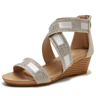 BS050 Summer Slope Heel Sandals New Rhinestone Fairy Style Fashion Comfortable Thick-Soled Waterproof Platform Roman Wom