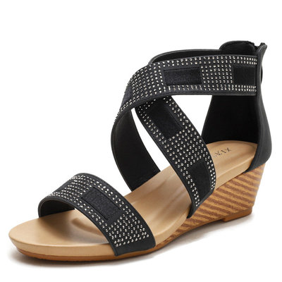 BS050 Summer Slope Heel Sandals New Rhinestone Fairy Style Fashion Comfortable Thick-Soled Waterproof Platform Roman Wom