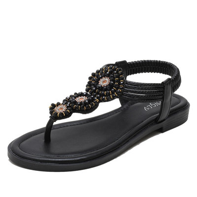 BS051 Summer Plus Size Sandals Female Bohemian Roman Flat Bottom Fairy Style Seaside Holiday Beach Shoes