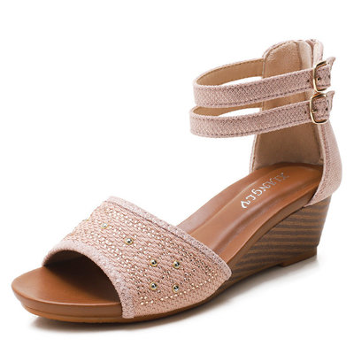 BS053 Amazon Rhinestone Bohemian Summer New Rear Zipper Open Toe Roman Shoes