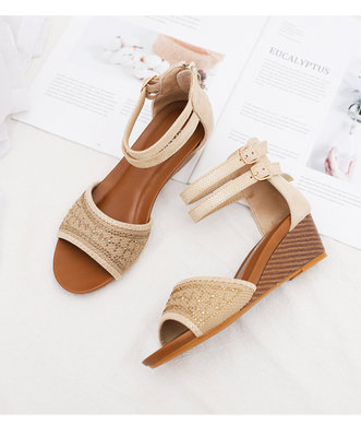 BS053 Amazon Rhinestone Bohemian Summer New Rear Zipper Open Toe Roman Shoes