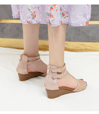 BS053 Amazon Rhinestone Bohemian Summer New Rear Zipper Open Toe Roman Shoes