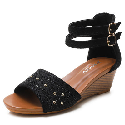 BS053 Amazon Rhinestone Bohemian Summer New Rear Zipper Open Toe Roman Shoes